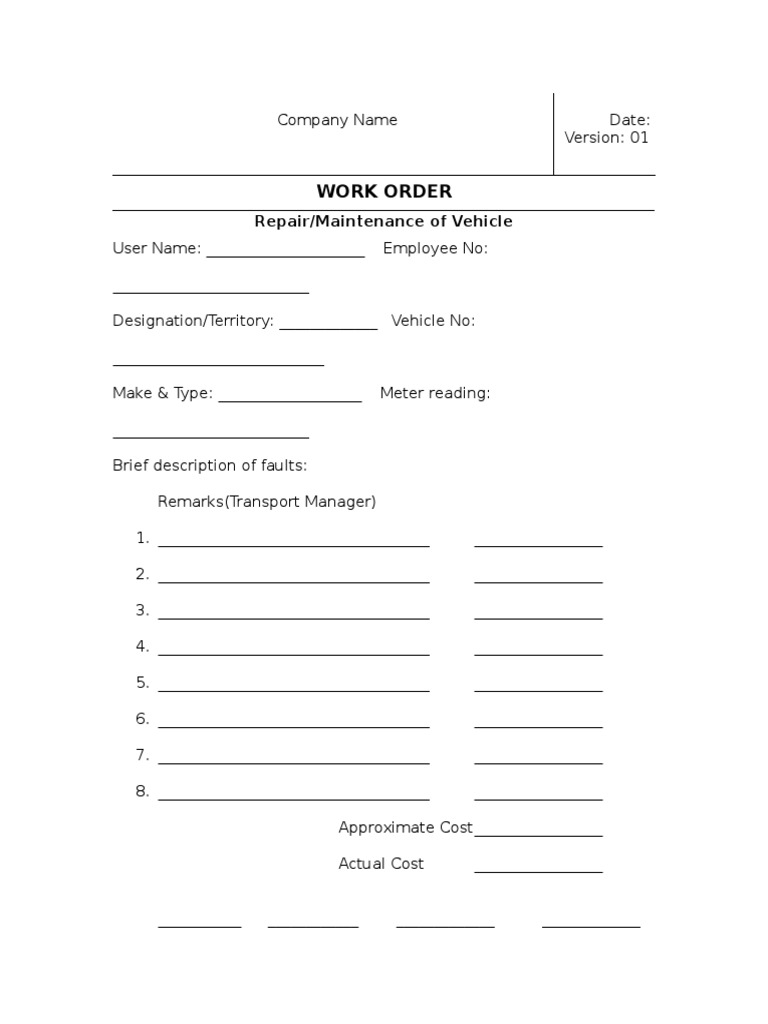 Work Order: Repair/Maintenance of Vehicle | PDF