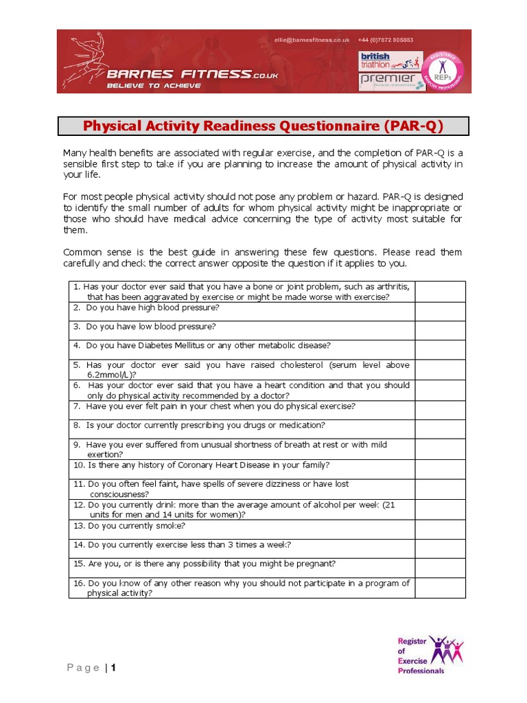 BF Physical Activity Readiness Questionnaire | PDF | Physical Exercise ...