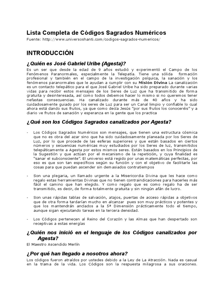 Lista Completa de Códigos Sagrados Numéricos | PDF