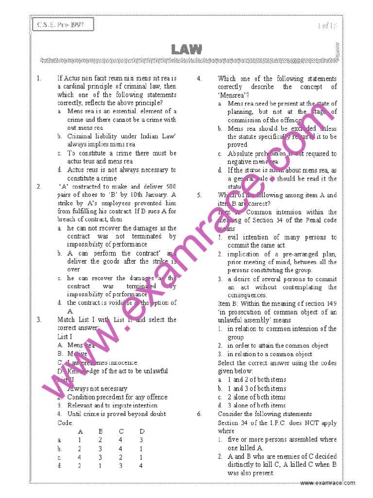 Law Objective Questions Part 1 | PDF | Mens Rea | Public Law