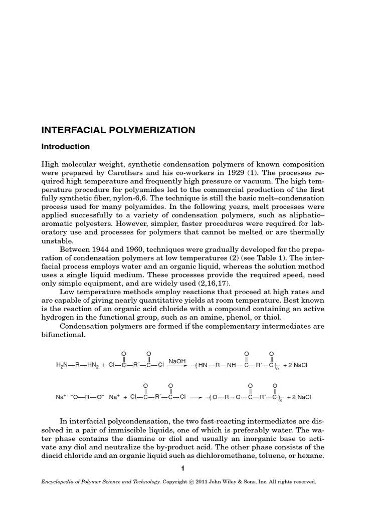 Interfacial Polymerization | PDF | Polymerization | Ammonium