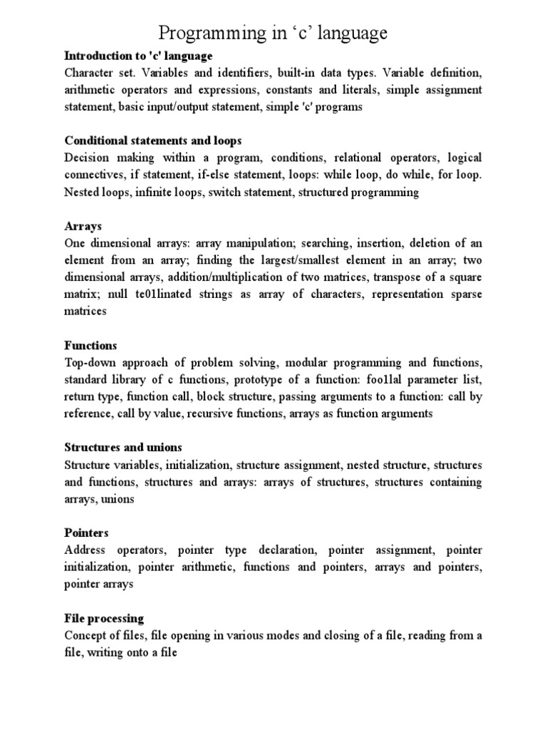 C Syllabus C C Programming Language