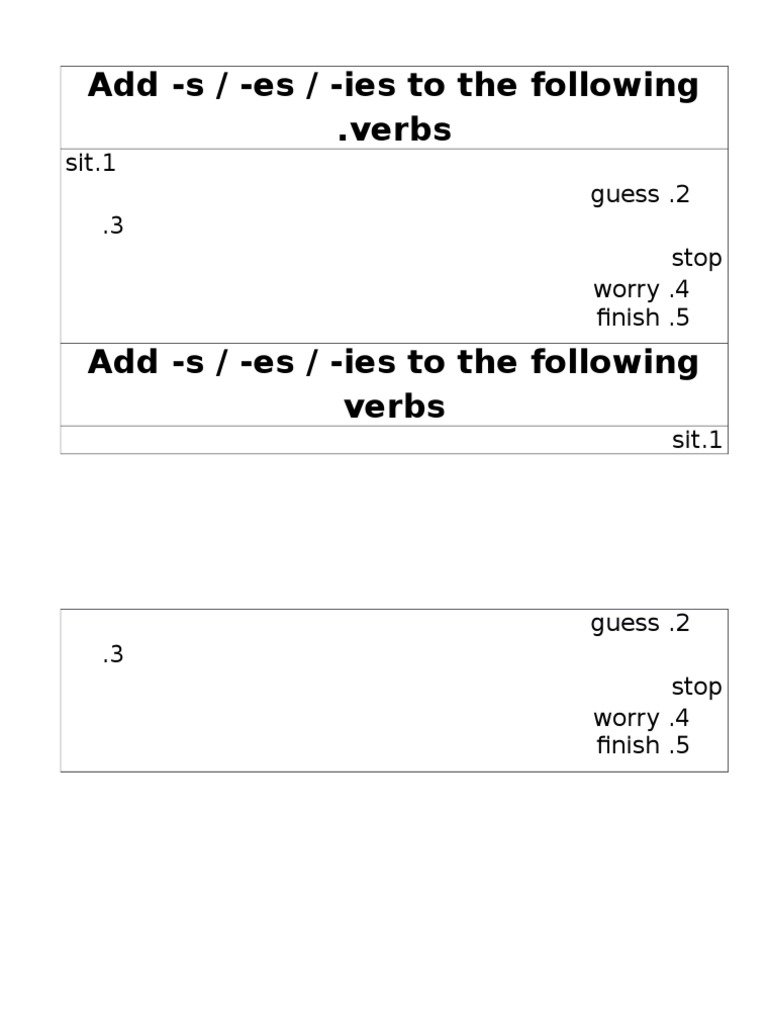 Add - S / - Es / - Ies To The Following Verbs .: 1 - Sit 2 - Guess 3 ...
