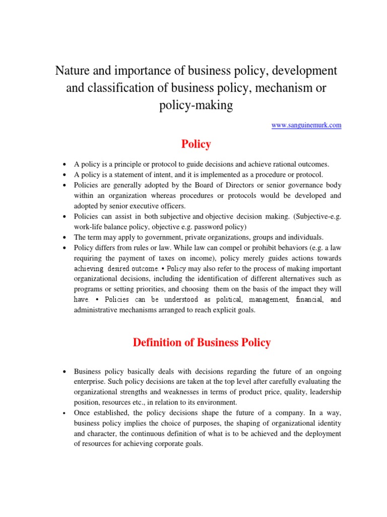 Nature and Importance of Business Policy | PDF | Policy | Cognition
