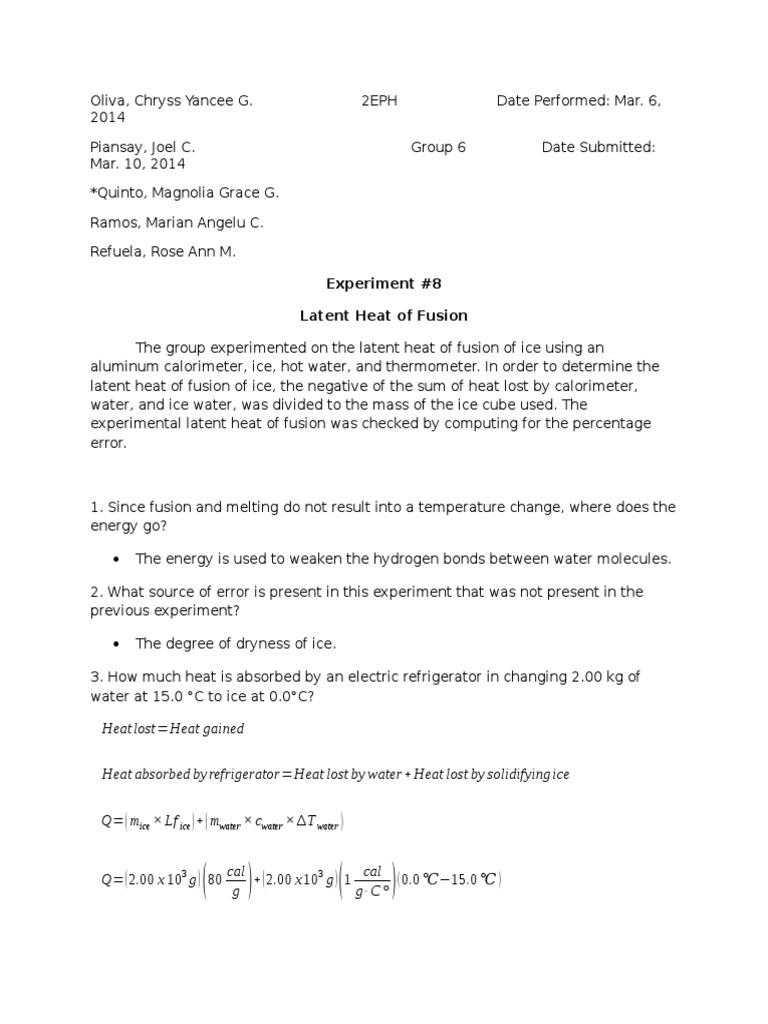 Latent Heat of Fusion Experiment Analysis | PDF | Heat | Ice