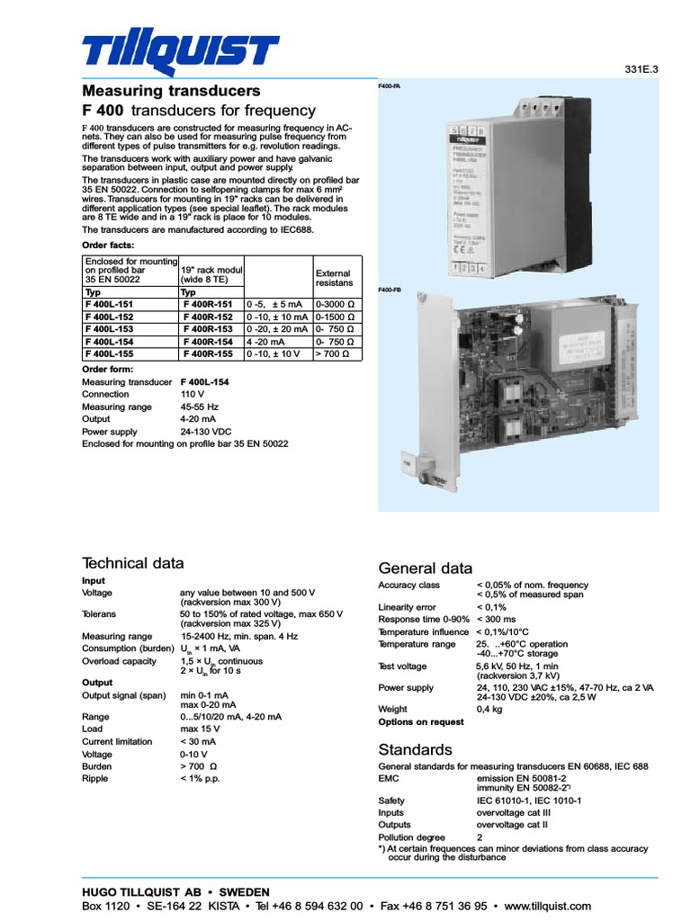 Measuring Transducers F 400 Transducers For Frequency: Technical Data ...