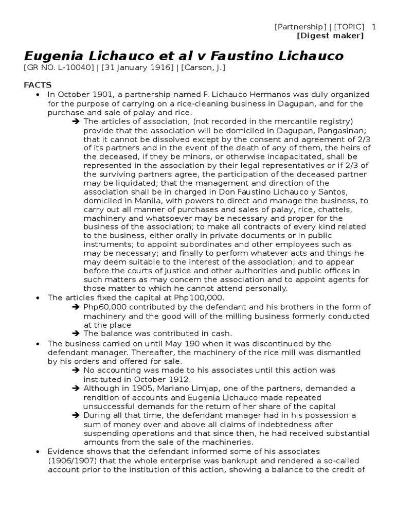 Lichauco V Lichauco | PDF | Partnership | Liquidation