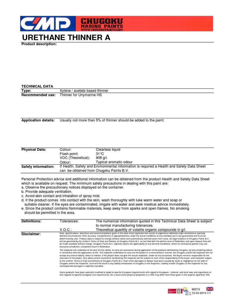Tds Uk 905tx (Urethane Thinner A) v1 | PDF | Volatile Organic Compound ...