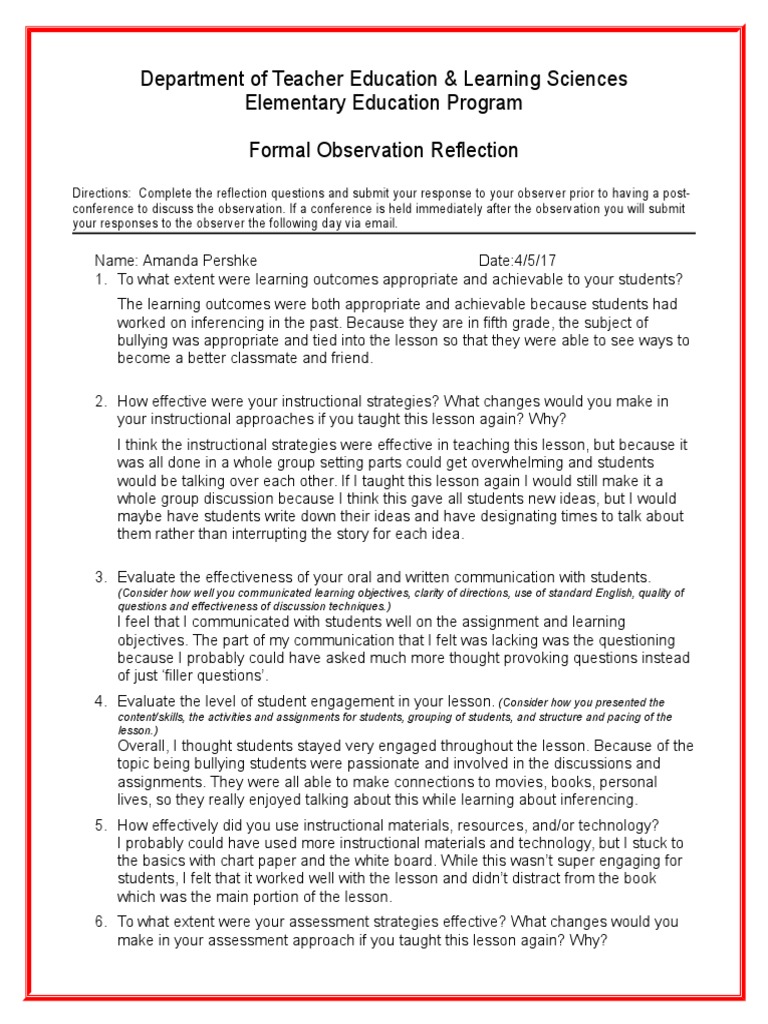 Postobservationreflection | PDF | Classroom Management | Teachers