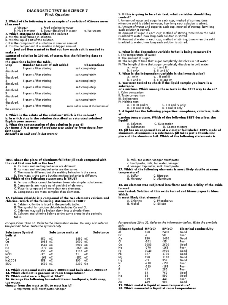 Grade 7 Science Diagnostic Test | PDF | Solution | Chlorine