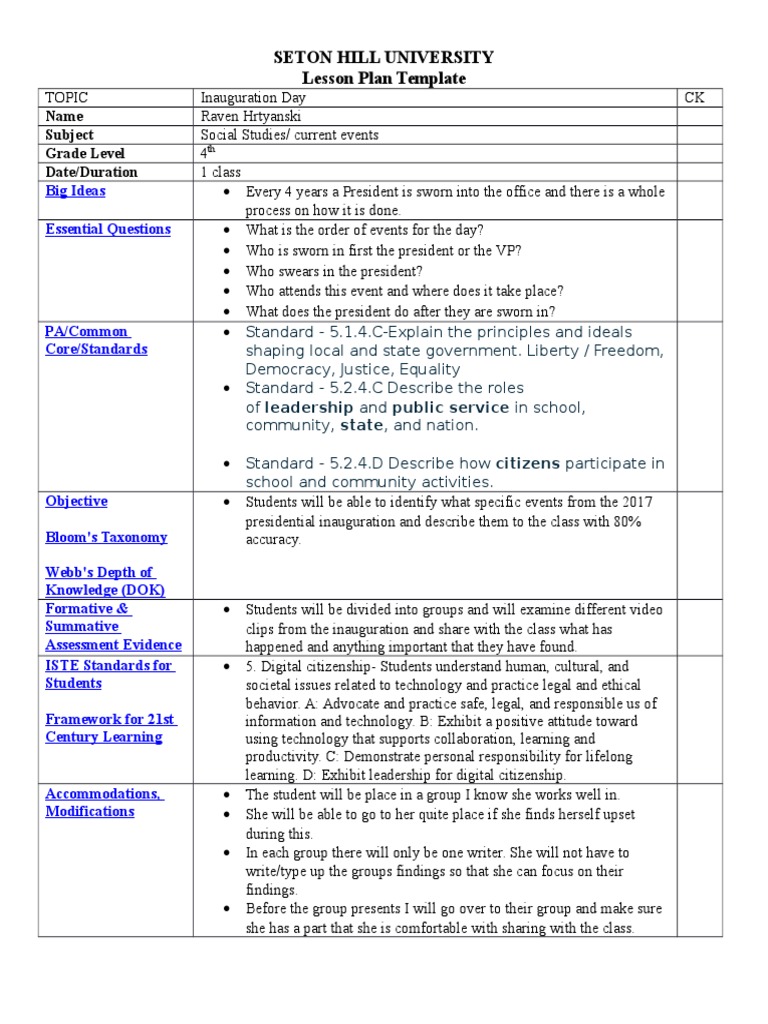 Inauguration Day Lesson Plan | PDF | Lesson Plan | Homework