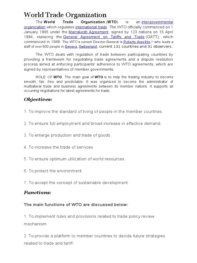 World Trade Organization: Objectives | PDF