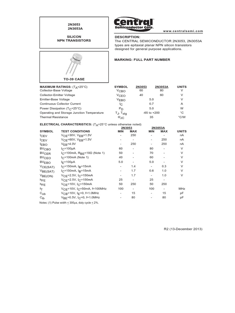 Central Semiconductor 2N3053/2N3053A NPN Transistor Spec Sheet | PDF ...