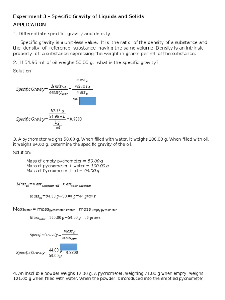 Specific Gravity Density Density Mass Mass: Experiment 3 - Specific ...
