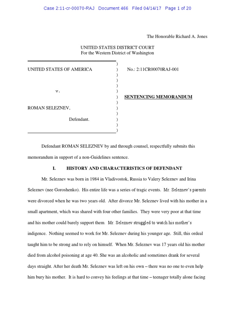 Sentencing Memorandum: United States of America V Roman Valerevich ...