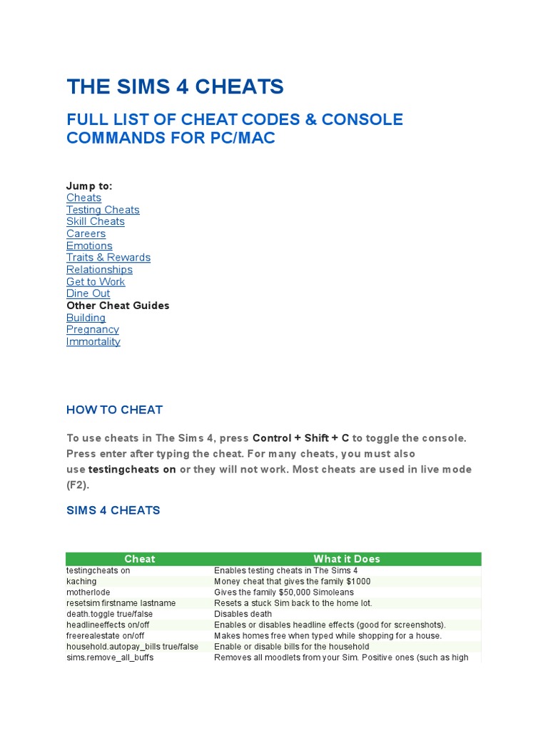 The Sims 4 Cheats | PDF | Moodle | Cheating In Video Games