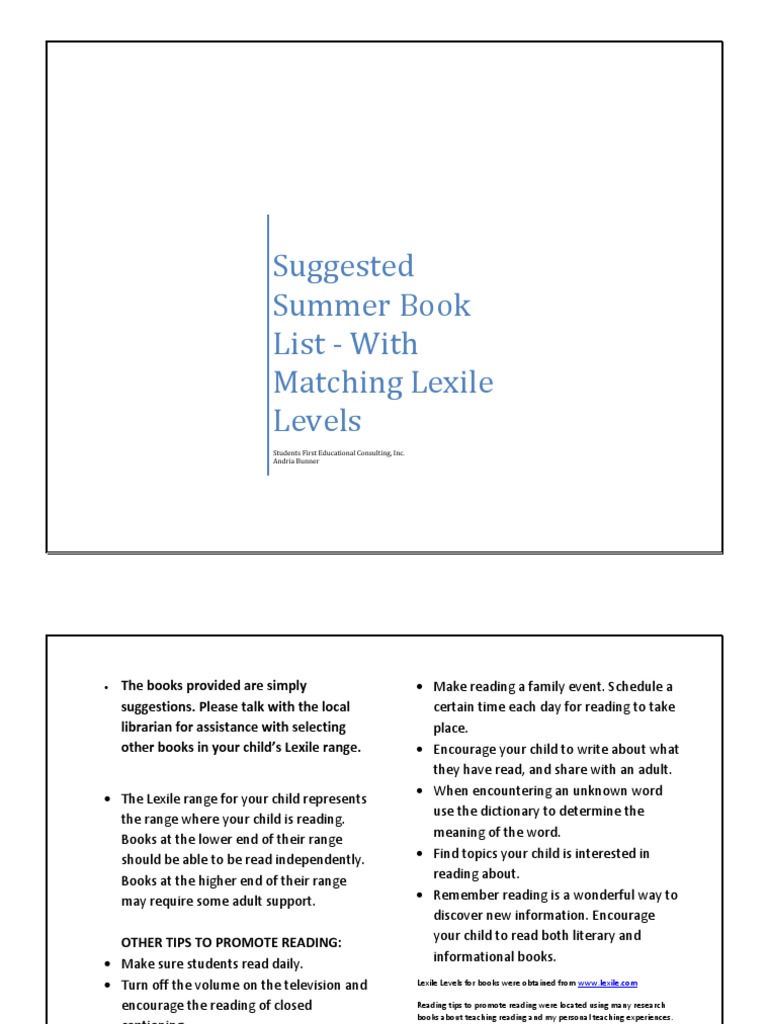 Suggested Summer Book List - With Matching Lexile Levels | PDF ...