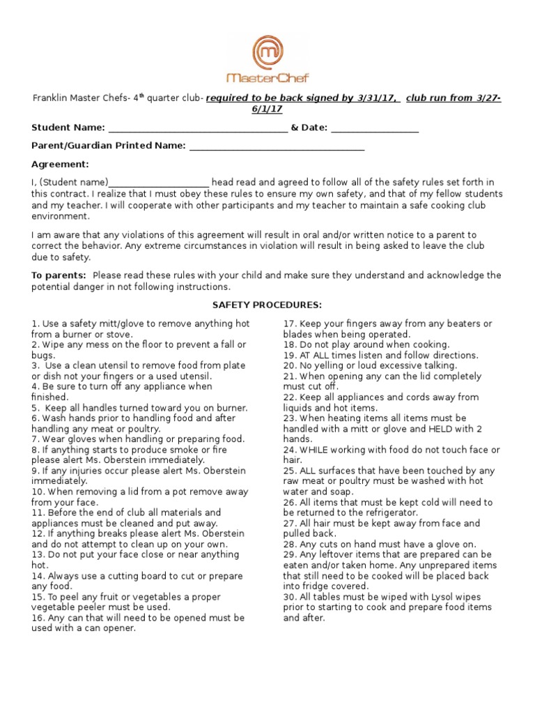 Franklin Master Chefs Contract | PDF | Glove | Foods