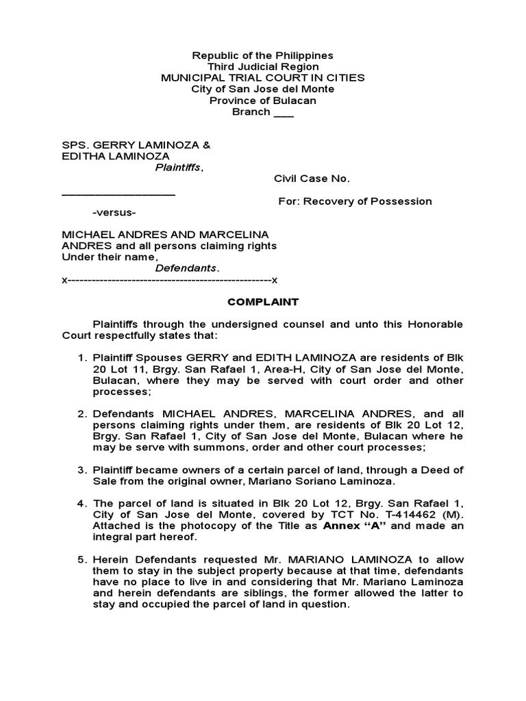 AFFIDAVIT of COMPLAINT-recovery of Possession | Lawsuit | Complaint