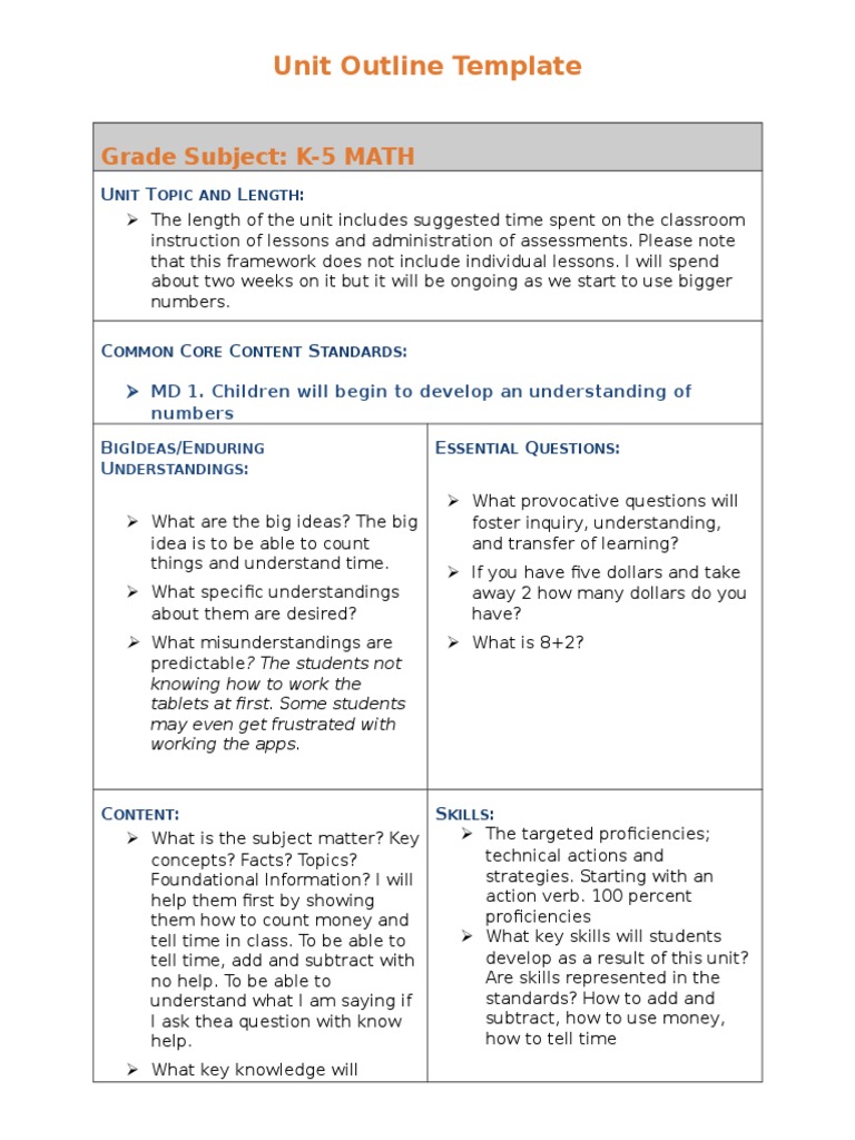 Unit Outline Template: Grade Subject: K-5 MATH | PDF | Educational ...