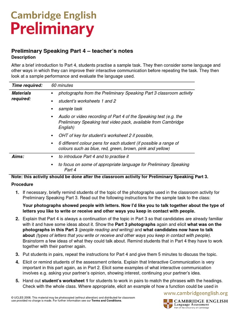 Cambridge English Preliminary Pet Speaking Part 4 | PDF | Classroom ...
