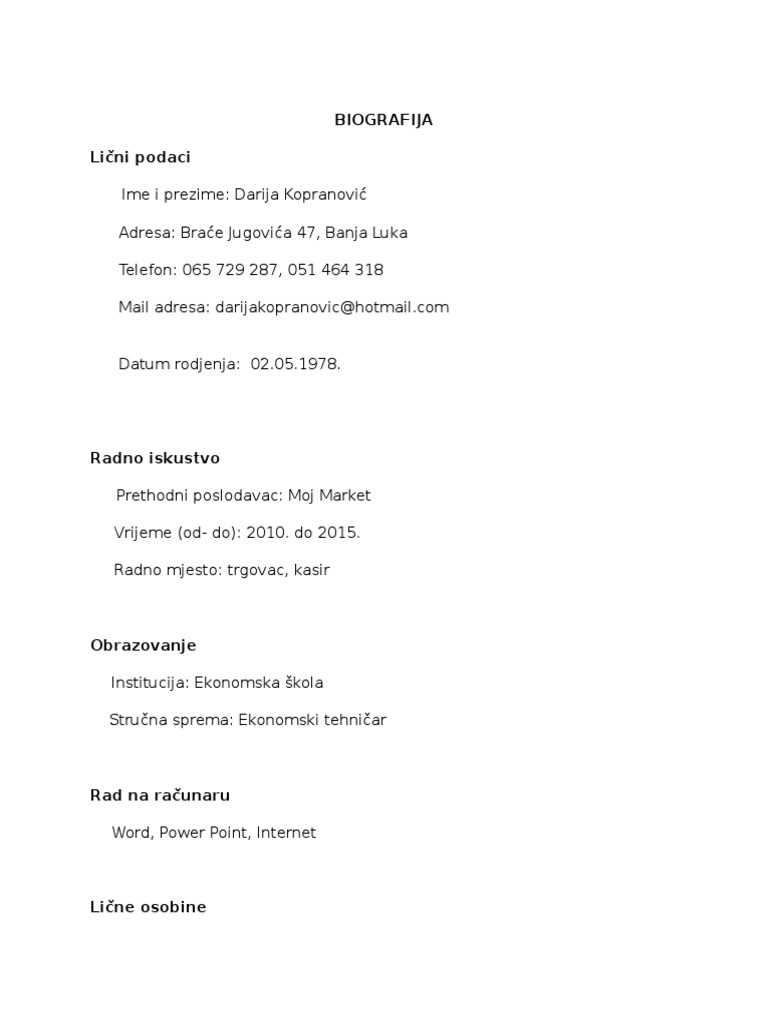 BIOGRAFIJA - Konkurs Za Posao | PDF