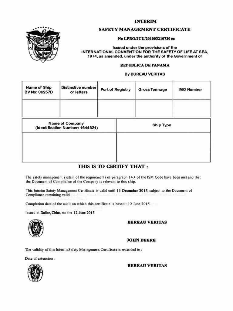 This Is To Certify That: Interim Safety Management Certificate | PDF