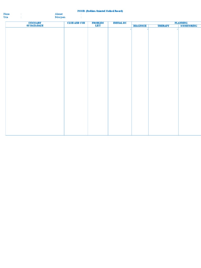 POMR (Problem Oriented Medical Record) : Nama: Alamat: Usia: Pekerjaan ...