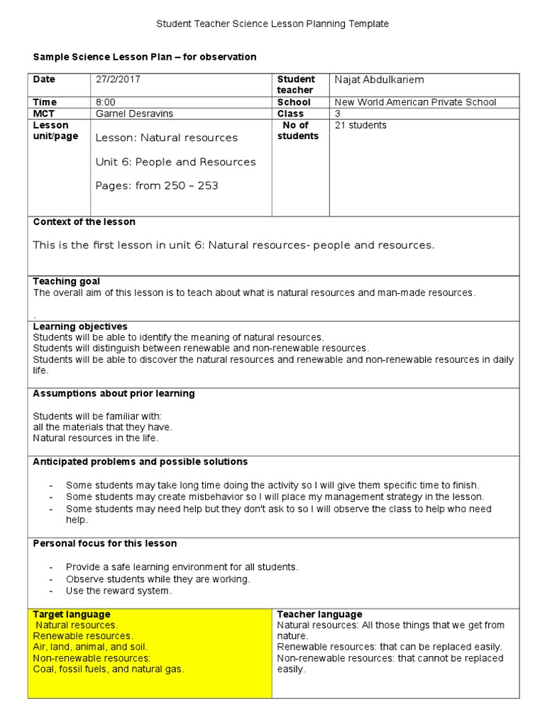 natural lesson plan | Educational Assessment | Lesson Plan