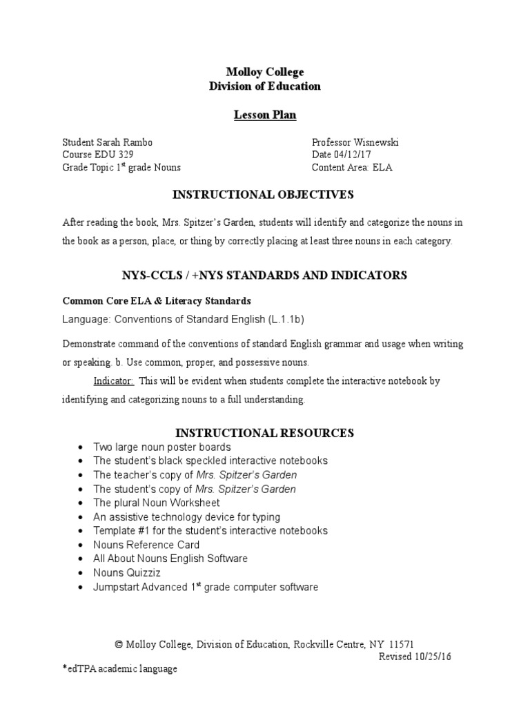 1st Grade Nouns Lesson Plan Final | PDF | Lesson Plan | English Language