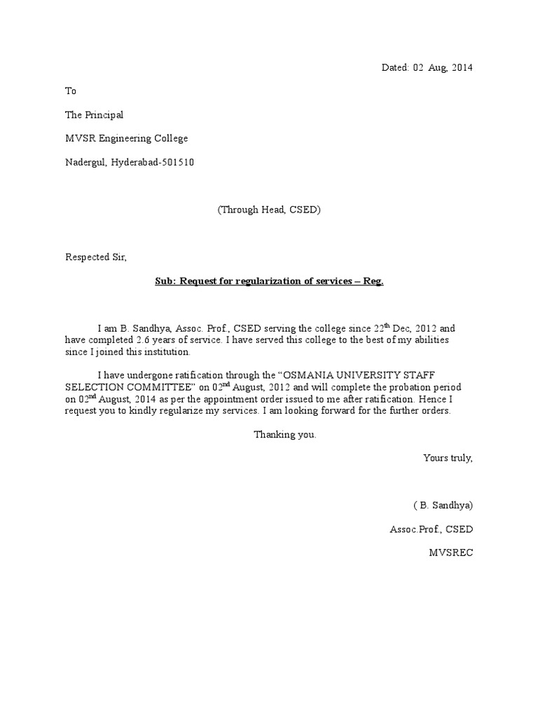 Sub: Request For Regularization of Services - Reg | PDF
