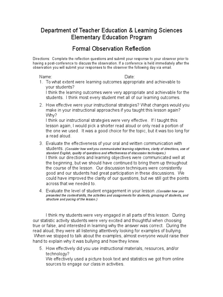 Formal Observation Reflection | PDF | Bullying | Educational Assessment