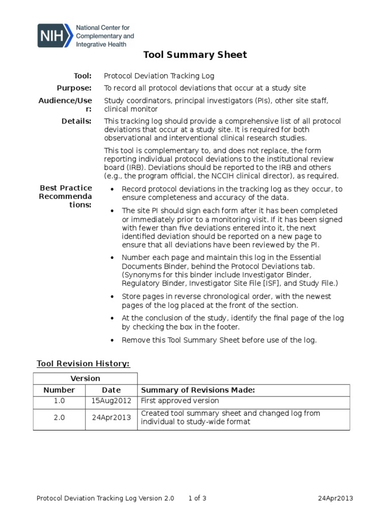 Protocol Deviation Tracking Log Ver2!07!17-2015 | Institutional Review Board | Clinical Trial