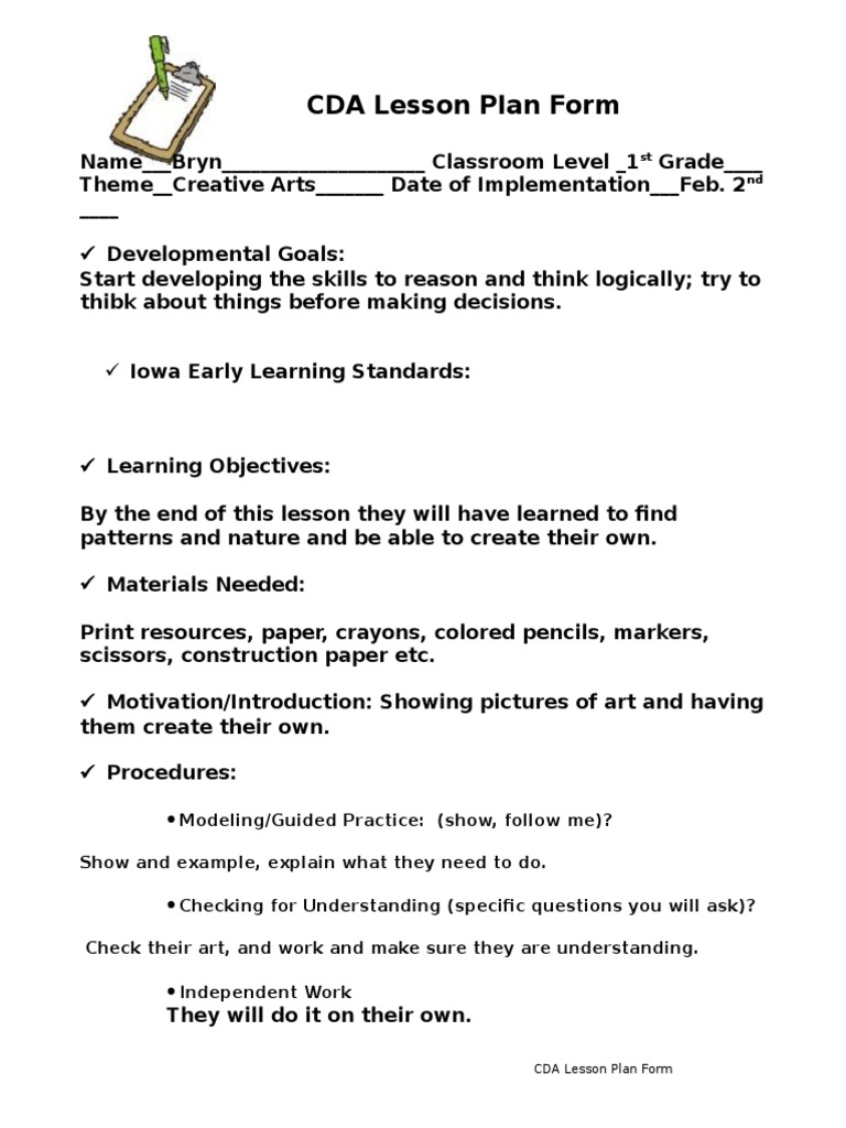 CDA Lesson Plan Form: ST ND | PDF