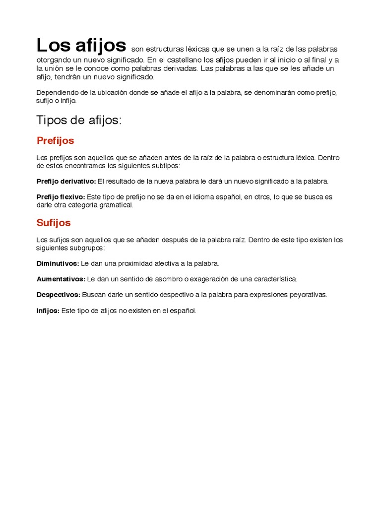 Los diferentes tipos de afijos y su función en la derivación de ...