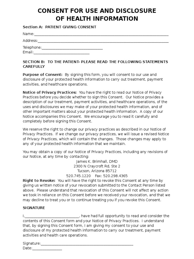 consent for use and disclosure of health information | Health ...