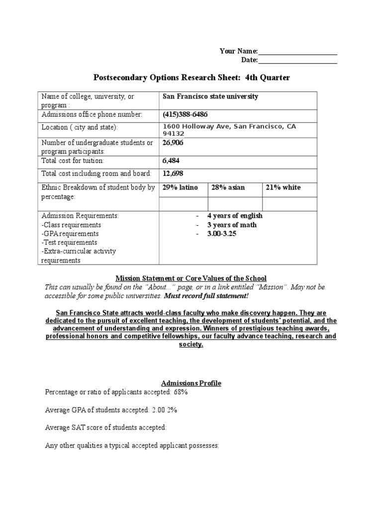 Postsecondary Options Research Sheet: 4th Quarter | PDF
