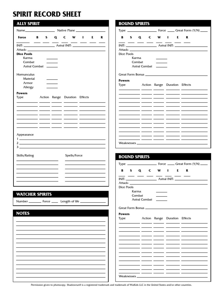 Spirit Record Sheet: Bound Spirits Ally Spirit | Download Free PDF ...
