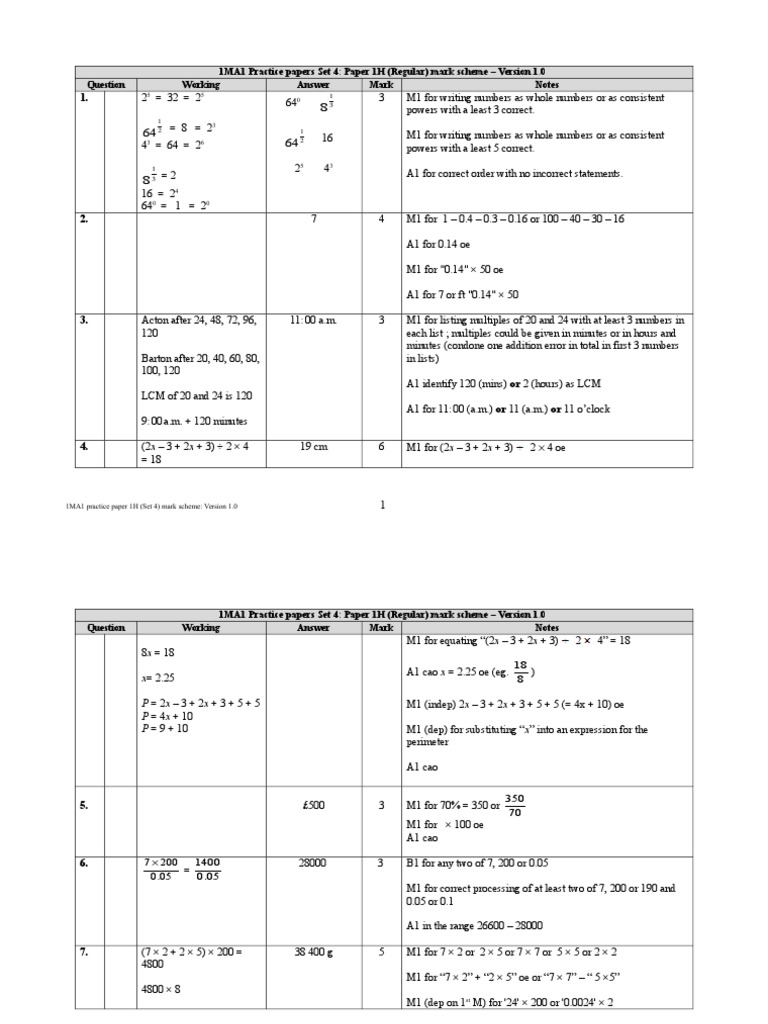 04b Practice Test Set 4 Paper 1H Mark Scheme | PDF | Mathematical ...