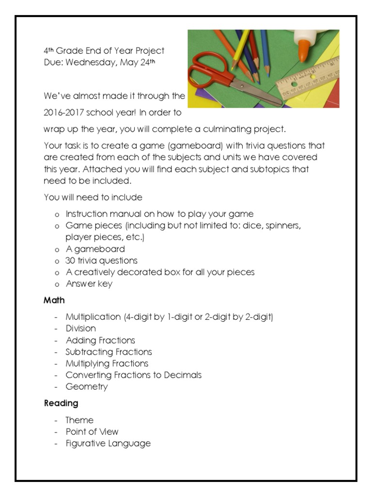 4th Grade End of Year Project | PDF