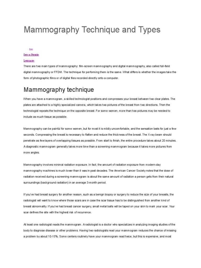Mammography Technique and Types | PDF | Mammography | Medical Tests