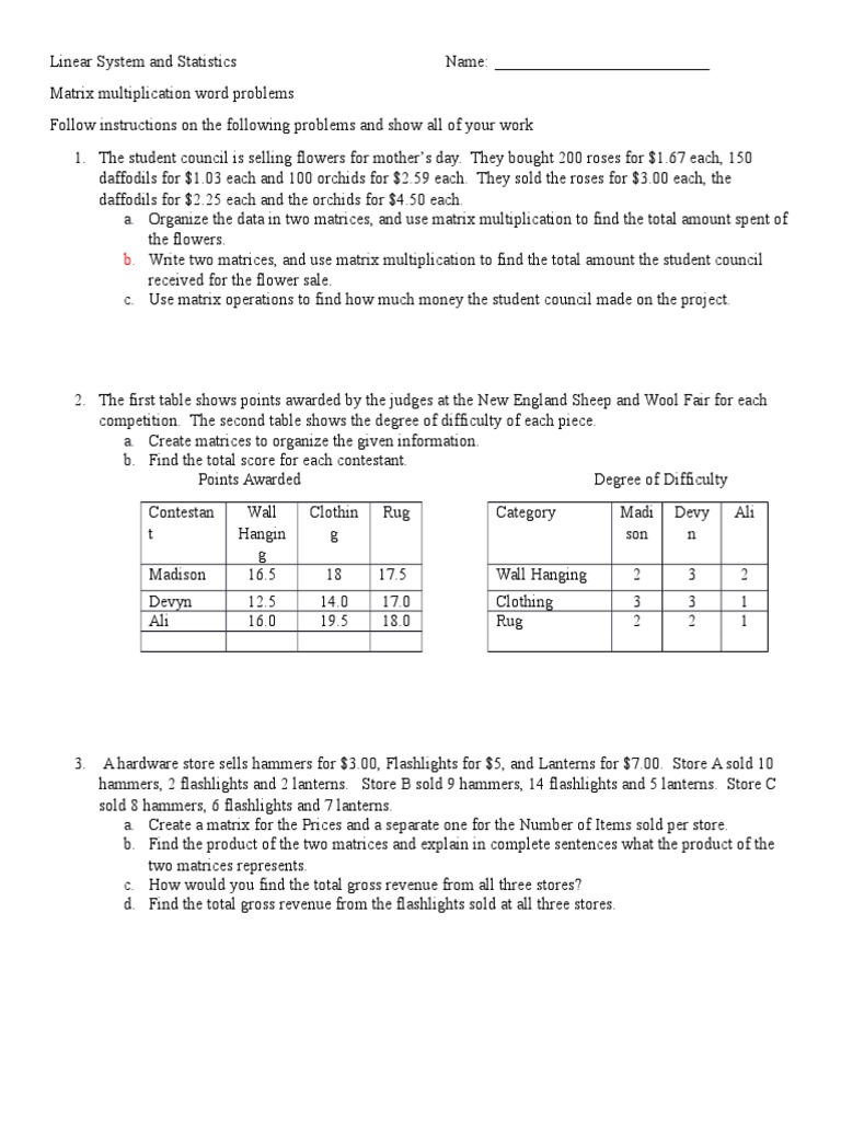 Matrix Word Problems | PDF | Matrix (Mathematics) | Teaching Mathematics