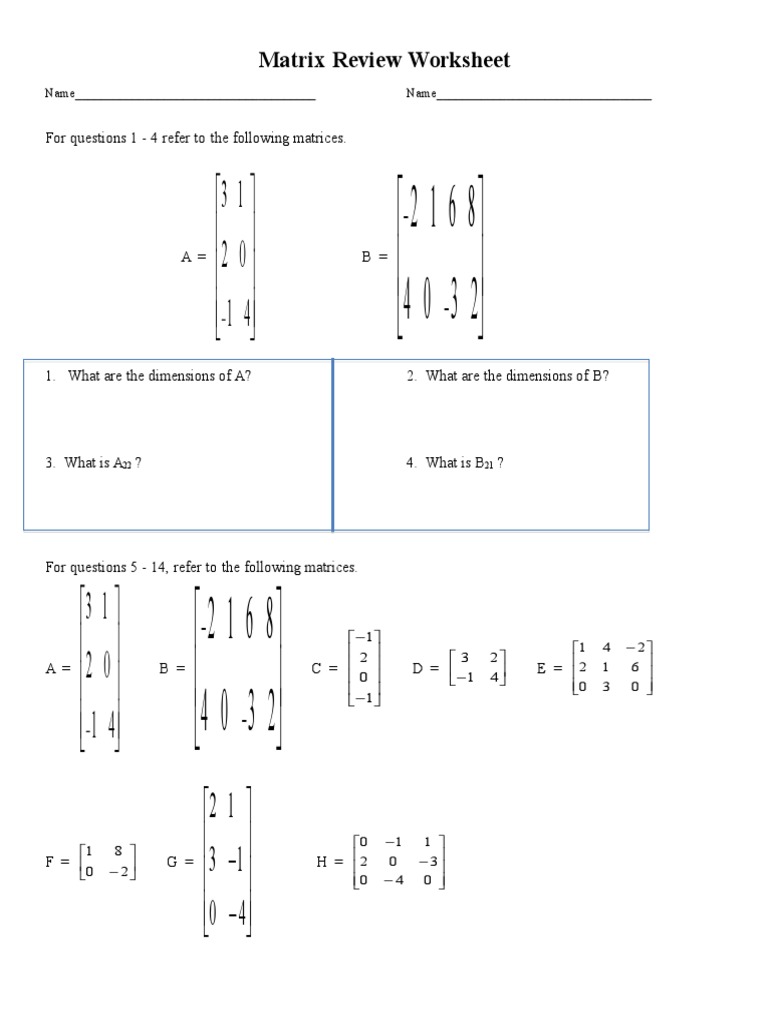 Matrix Review Worksheet | PDF | Matrix (Mathematics) | Applied Mathematics