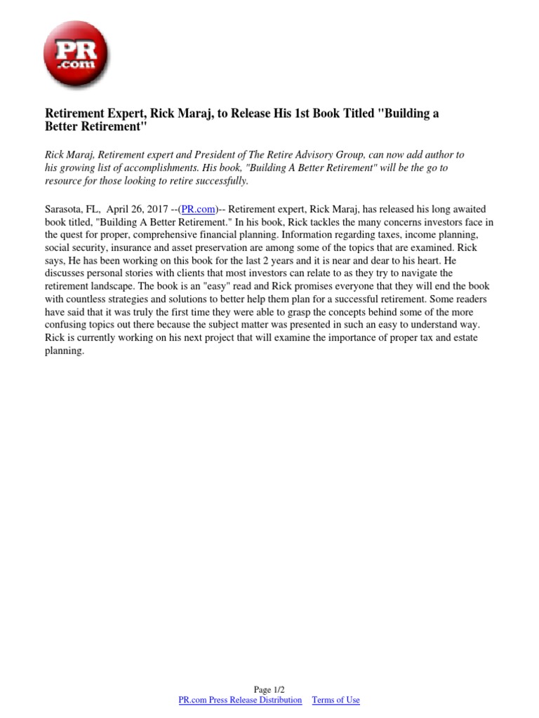Retirement Expert, Rick Maraj, To Release His 1st Book Titled "Building ...