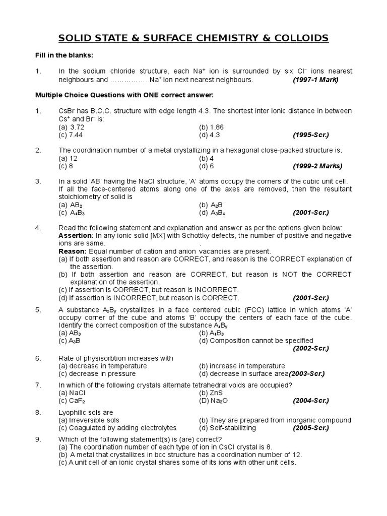 Solid State Chemistry and Colloids Quiz | PDF | Crystal Structure ...