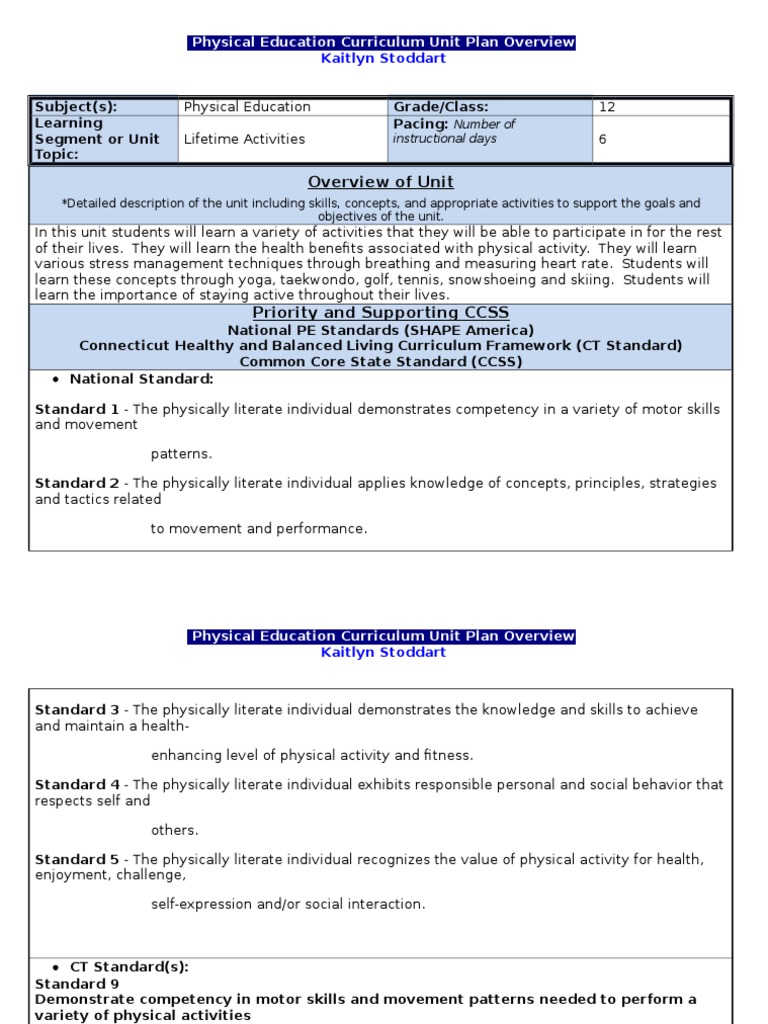 Pe 416 Lifetime Activities Unit Plan | PDF | Physical Education ...