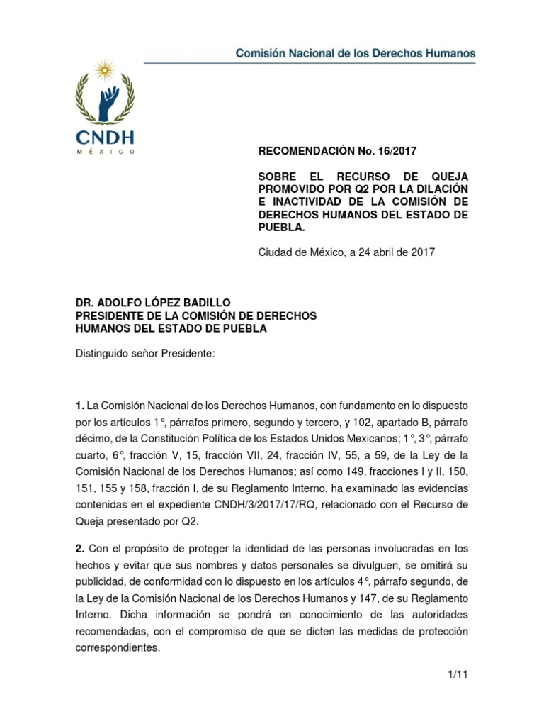 Recomendación De La Cndh A La Cdh Puebla