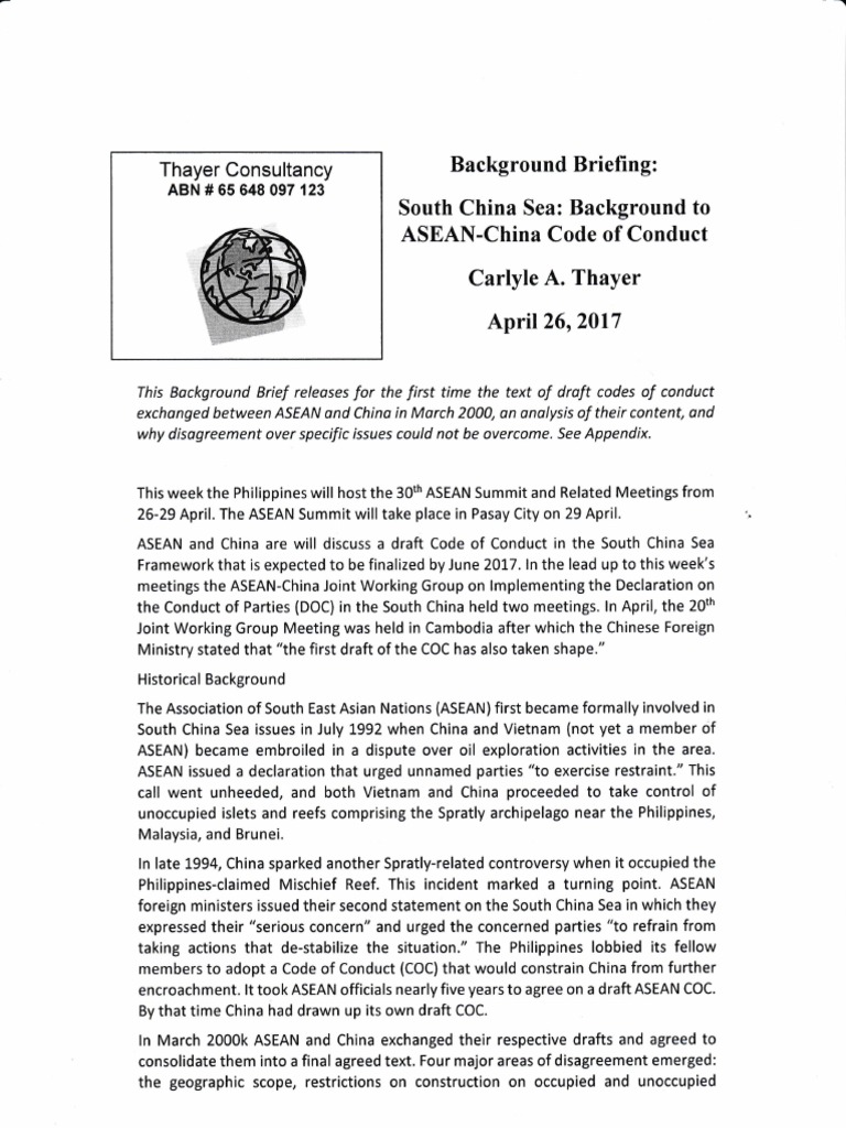 Thayer Asean China South China Sea Code Of Conduct Background