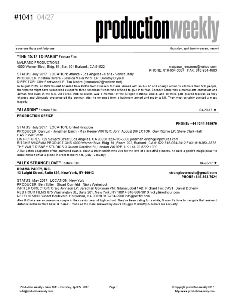 Production Weekly - Issue 1041 - Thursday, April 27, 2017 | PDF | Leisure