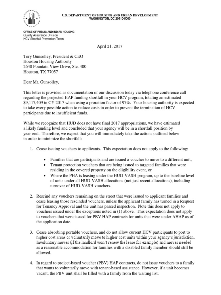 HUD letter about shortfall | School Voucher | Lease